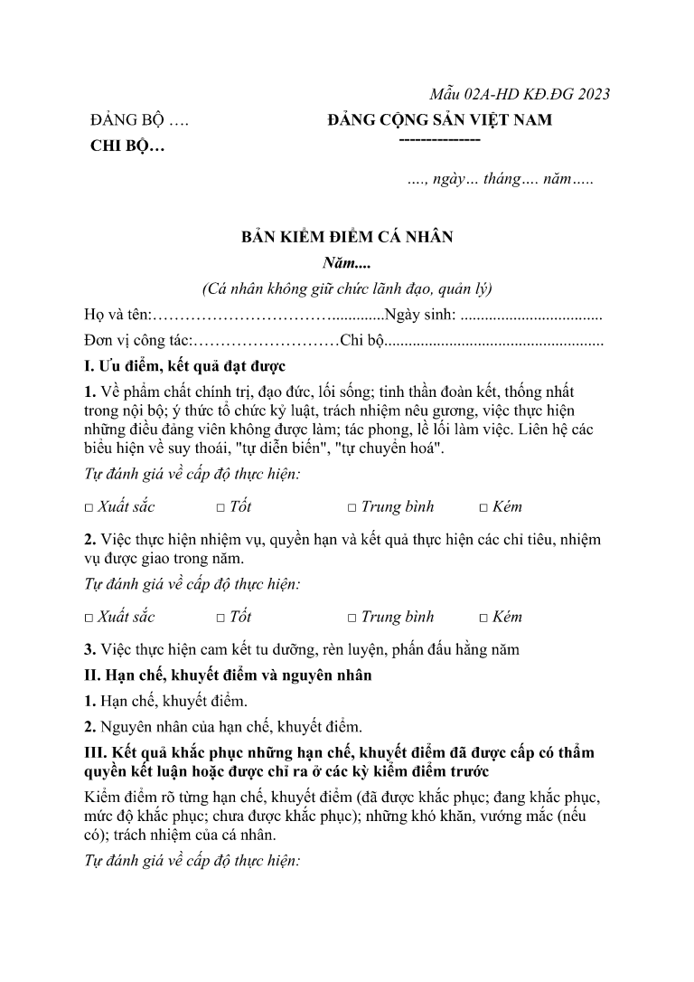 Mẫu Bản kiểm điểm Đảng viên cuối năm đối với cá nhân không giữ chức vụ ...